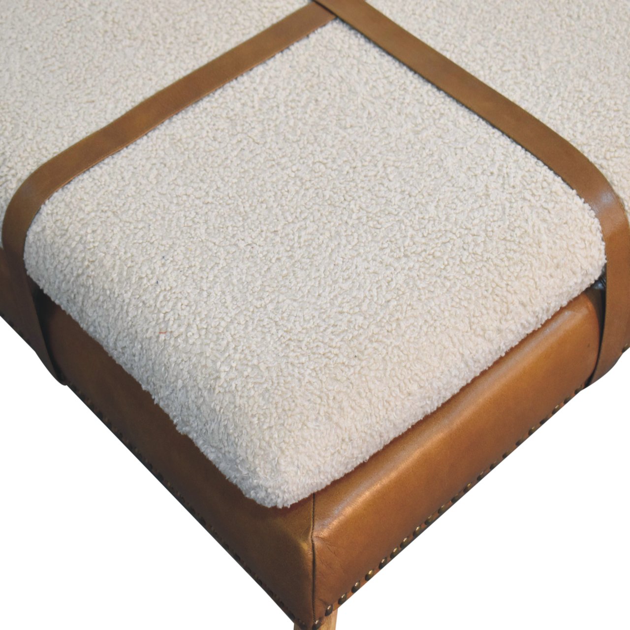 Large Square Bouclé Buffalo Hide Brown Leather Footstool | The Woodman ...