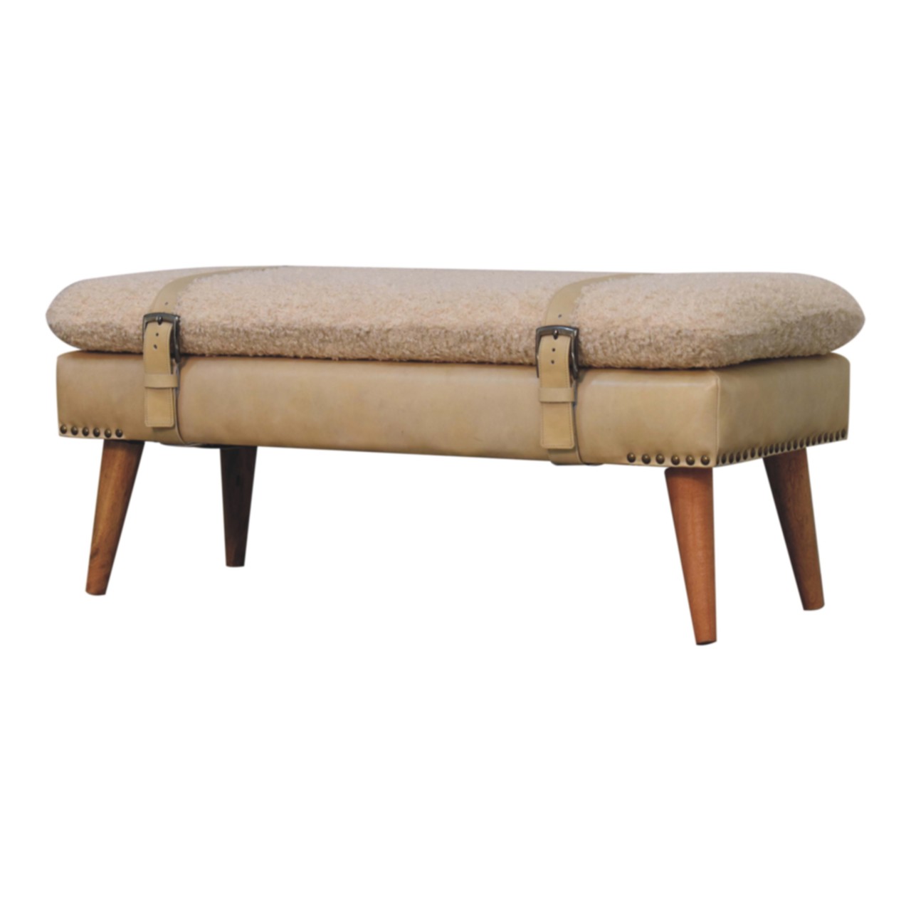 Boucle x Beige Leather Bench | The Woodman Furniture | Handcrafted ...