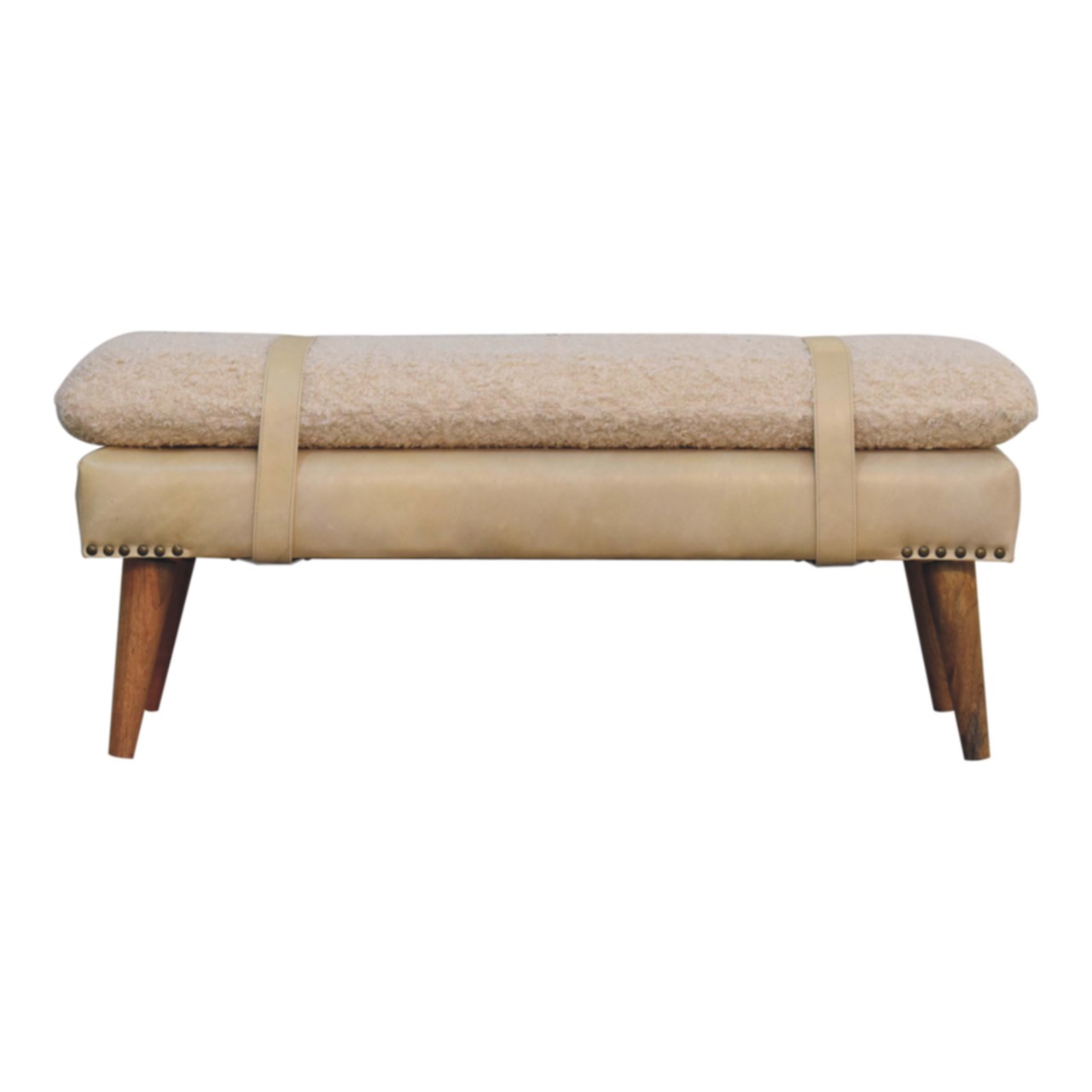 Boucle x Beige Leather Bench | The Woodman Furniture | Handcrafted ...